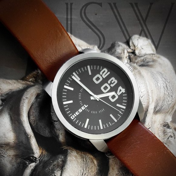 Diesel | Accessories | Diesel Double Down 46 Black Dial Brown Leather ...